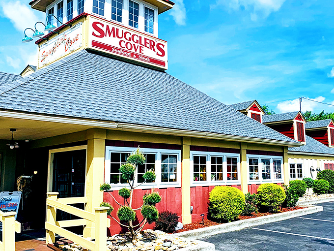 The lighthouse-inspired cupola atop Smuggler's Cove stands like a beacon for seafood lovers lost in the Pocono Mountains. Maritime charm in mountain country!