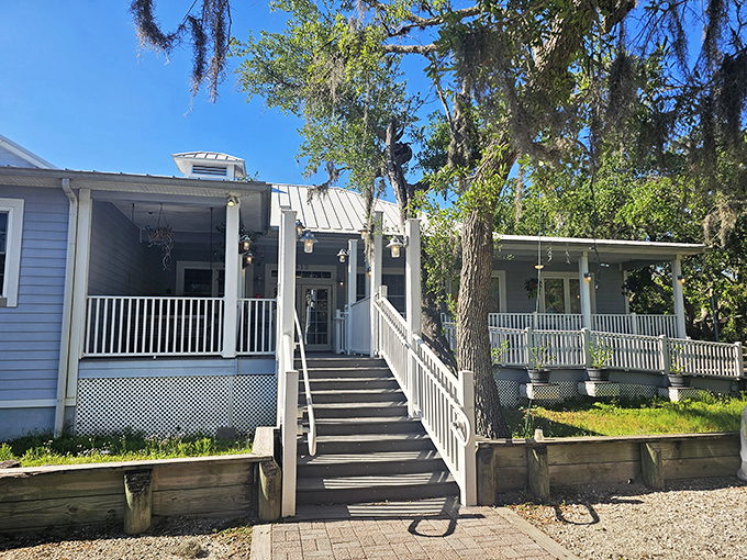 The stairway to seafood heaven! Aunt Kate's charming exterior welcomes you with Old Florida vibes and the promise of crab cakes worth writing home about.