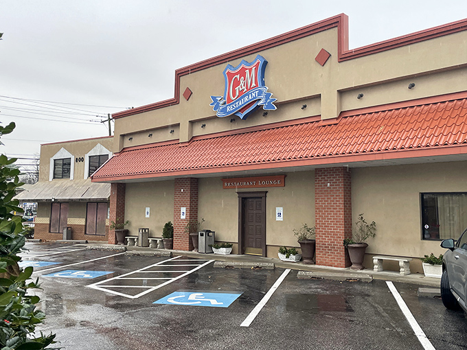The unassuming exterior of G & M Restaurant proves once again that culinary treasures often hide in plain sight, like Maryland's seafood version of Clark Kent.
