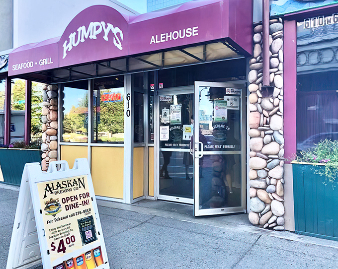 The stone-faced exterior of Humpy's promises Alaskan adventures within, like a rustic gateway to seafood paradise that's been calling hungry Anchorage locals for decades.