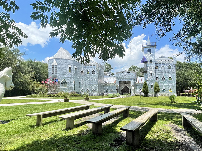 Solomon's Castle gleams in the Florida sunshine like a medieval mirage, complete with outdoor seating for contemplating life's great question: "How did I end up at a tin foil palace in the middle of nowhere?"