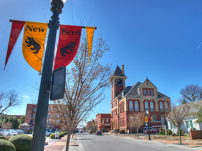 The town's colorful banners proudly display New Bern's bear emblem, a nod to its Swiss heritage that's as charming as the historic architecture surrounding it.