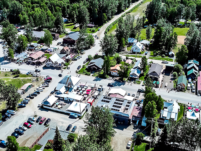 Talkeetna from above looks like a movie set director's dream of "authentic Alaska" &ndash; complete with rustic buildings and wilderness backdrop.