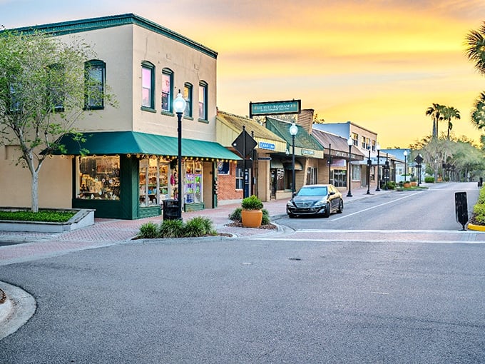Sunset paints downtown Zephyrhills in golden hues, where historic storefronts welcome visitors with small-town charm that's increasingly rare in fast-growing Florida.