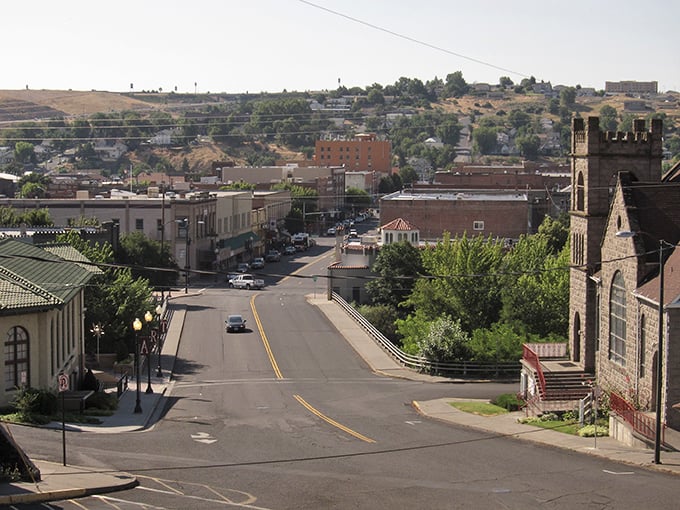 Downtown Pendleton unfolds like a Western movie set come to life, where historic architecture meets small-town charm beneath Eastern Oregon's golden hills.