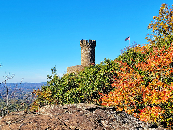 Nature's perfect frame job: Heublein Tower stands sentinel among fall foliage that would make even Vermont jealous.