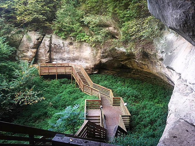 Nature's architectural marvel unfolds via this wooden boardwalk, inviting explorers into a sandstone sanctuary where ancient stories are etched in stone.