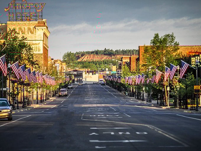 Downtown Hibbing greets visitors with a patriotic display that would make Norman Rockwell reach for his paintbrush. The historic Androy Hotel stands sentinel over Main Street.