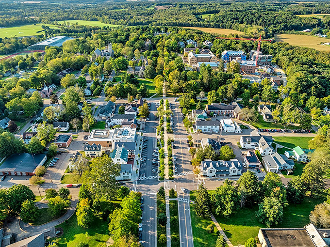 Gambier from above looks like a movie set designer's vision of the perfect college town, complete with that iconic tree-lined Middle Path cutting through its heart.