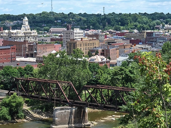 Downtown Zanesville unfolds like a storybook, with its historic architecture and iconic Y-Bridge creating a skyline that's both humble and magnificent.