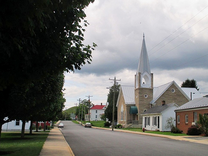 Monterey's church steeple reaches skyward, as if trying to poke holes in those dramatic Virginia clouds.