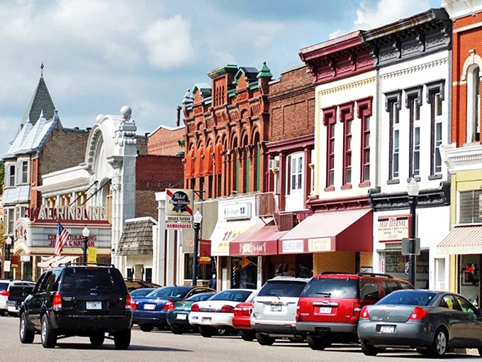 Another angle of downtown Baraboo reveals the Al. Ringling Theatre's iconic facade, where small-town charm meets unexpected architectural grandeur.