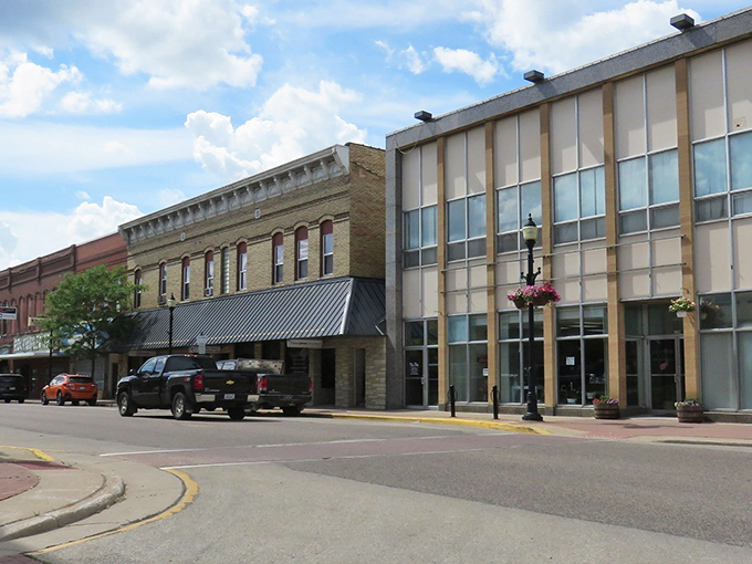 Downtown Prairie du Chien blends historic charm with small-town practicality, where even the lamp posts dress up with hanging flower baskets.