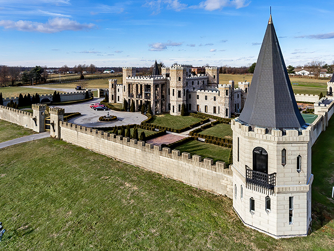 The Kentucky Castle stands majestically against the blue Kentucky sky, like Camelot dropped into bourbon country by mistake.