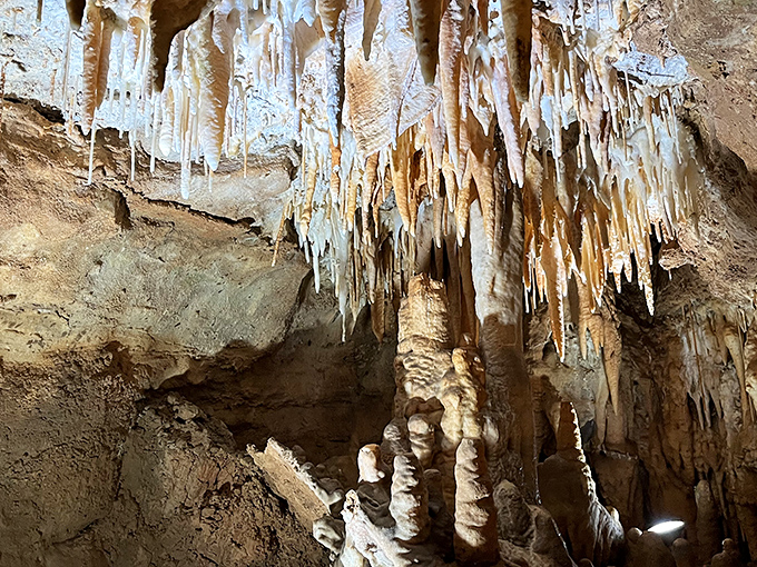Nature's chandelier display puts any human light show to shame. These delicate stalactites have been crafting their masterpiece for millennia.