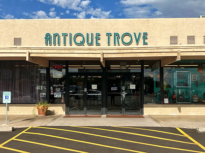The unassuming exterior of Antique Trove belies the time-traveling adventure waiting inside. Like a desert mirage, but with actual treasures instead of disappointment.