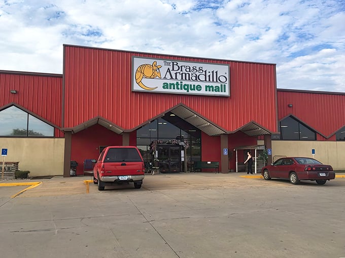 That cheerful armadillo mascot promises treasure hunting adventures where parking spaces are plentiful and dreams affordable.