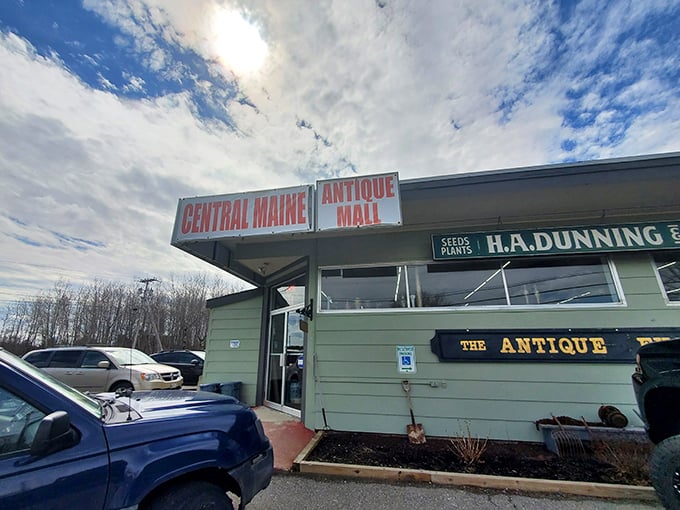 The unassuming exterior of Central Maine Antique Mall&mdash;where treasures hide behind a modest fa&ccedil;ade, like finding Narnia in a regular wardrobe.
