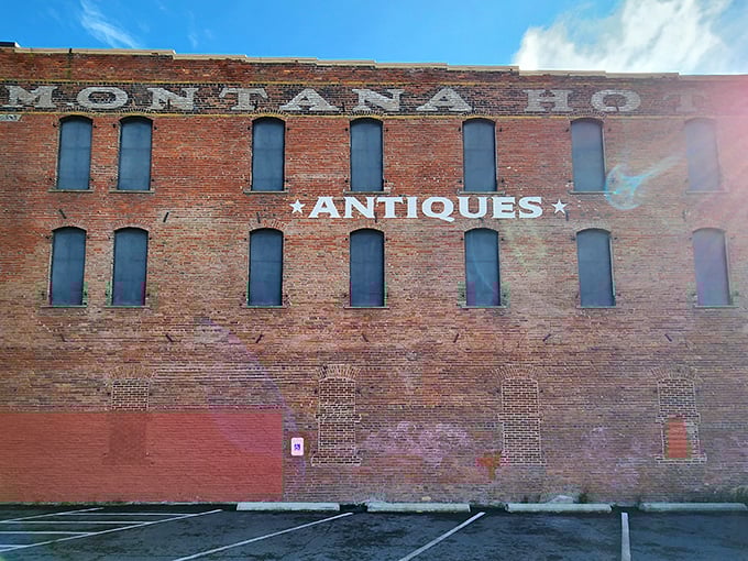 The historic brick façade of Montana Antique Mall stands like a time portal in downtown Missoula, proudly announcing its treasures with vintage lettering that's practically an antique itself.