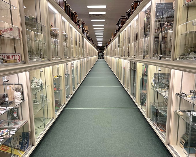 These endless glass display cases form a mesmerizing corridor of collectibles, where time stands still and wallets empty with surprising enthusiasm.
