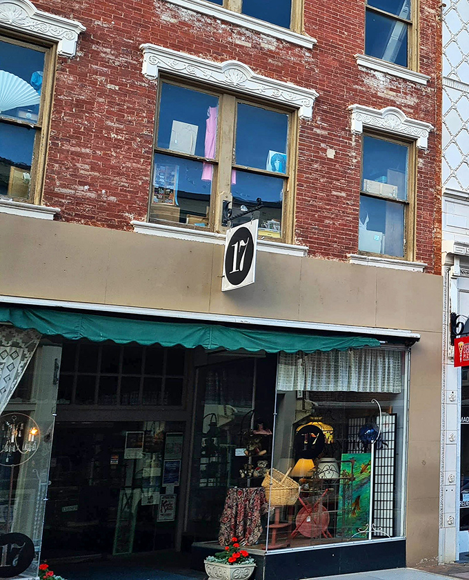 The iconic brick facade of 17 East Beverly Antiques in Staunton beckons treasure hunters with its simple "17" sign and green awning&mdash;architectural foreplay for bargain lovers.