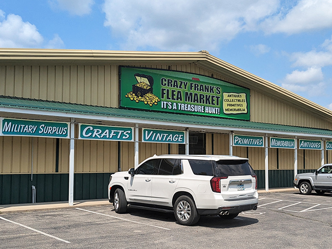 The treasure hunt begins! Crazy Frank's exterior promises a wonderland of vintage finds and unexpected discoveries waiting just beyond those doors.