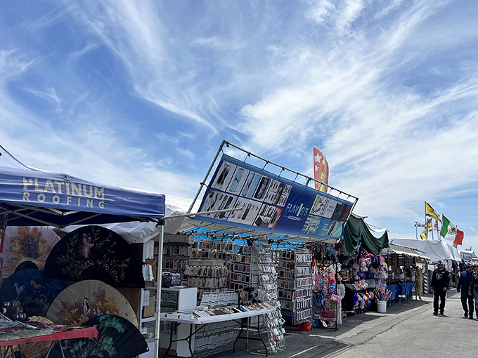 Endless rows of vendor stalls stretch toward the horizon under California's impossibly blue sky. Treasure hunting has never looked so promising.