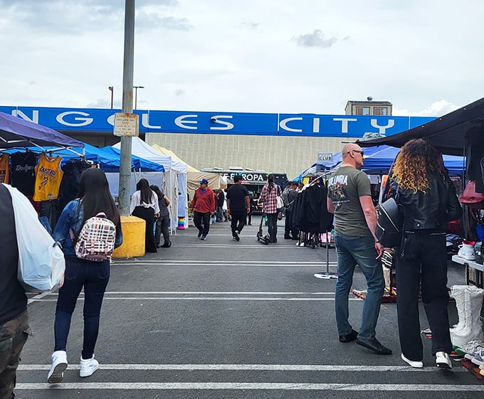 Welcome to treasure hunter paradise! The entrance to LACC SWAP Meet beckons with endless rows of blue canopies and the promise of undiscovered gems.