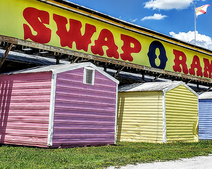 Welcome to treasure hunter paradise! The iconic Swap-O-Rama sign beckons bargain seekers down aisles where one person's castoffs become another's must-haves. 