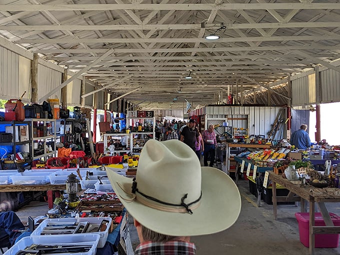 Where cowboy hats meet treasure hunting! The covered pavilions of Waldo Flea Market stretch endlessly, promising discoveries at every turn.