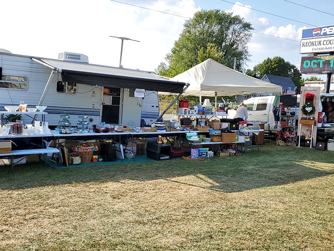 The Keokuk County Fairgrounds transforms into a treasure hunter's paradise during What Cheer Flea Market weekends, with vendors setting up shop across the sprawling grounds.