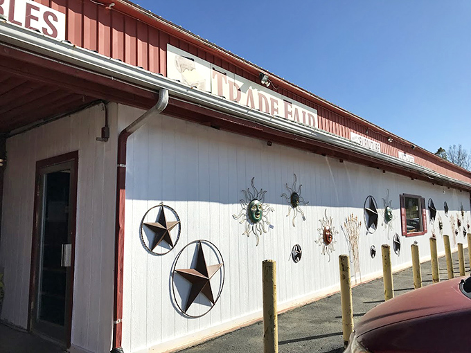 The modest red-and-white exterior of Trade Fair Mall in Harrisonville gives little hint of the treasure trove of bargains waiting inside.