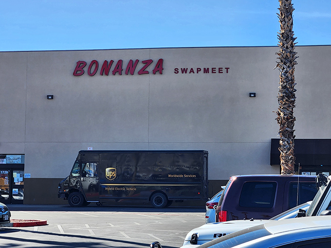 The unassuming exterior of Bonanza Swap Meet&mdash;proof that Las Vegas's best treasures aren't always wrapped in neon and glitter.