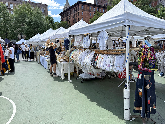 White tents line up like soldiers of style, offering everything from vintage clothing to handcrafted treasures. New York's answer to Paris flea markets, minus the jet lag.