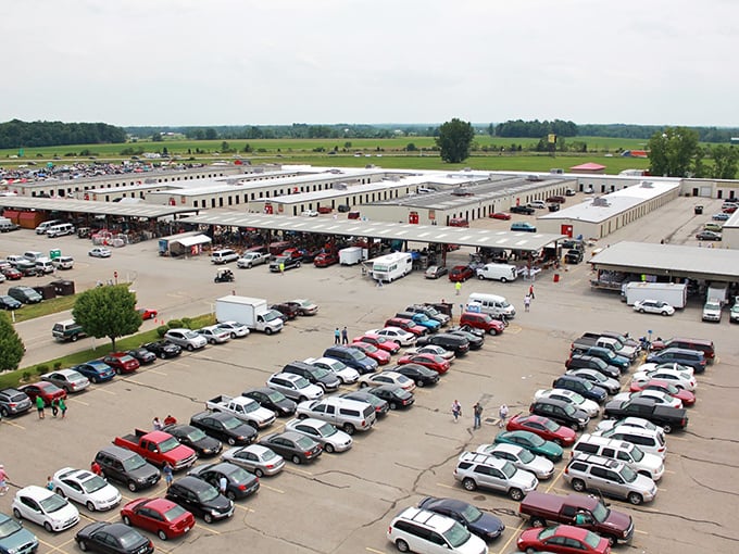 Aerial view reveals Caesar Creek's empire of bargains sprawling across the Ohio countryside like a retail Brigadoon that appears every weekend for treasure hunters.