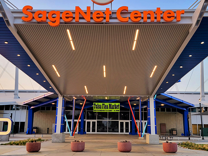 The SageNet Center welcomes treasure hunters with its bold blue columns and promise of bargains waiting just beyond those doors.