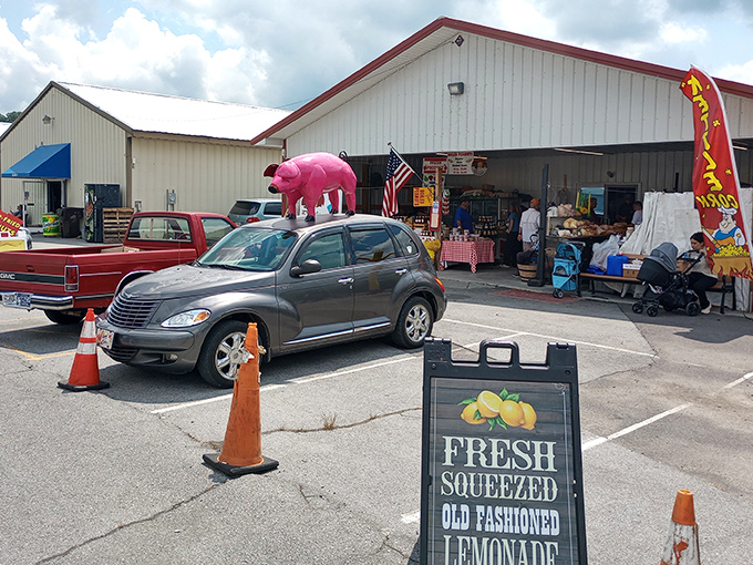 Nothing says "authentic flea market experience" quite like a giant pink pig on a car roof and the promise of fresh-squeezed lemonade.