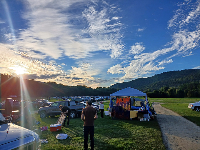 Sunset magic at Farr's Field, where Vermont's mountains create the perfect backdrop for treasure hunting adventures.