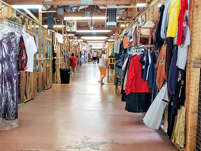 Long corridors of possibility stretch before you, where clothing from every era hangs like colorful memories waiting to be adopted into new homes.