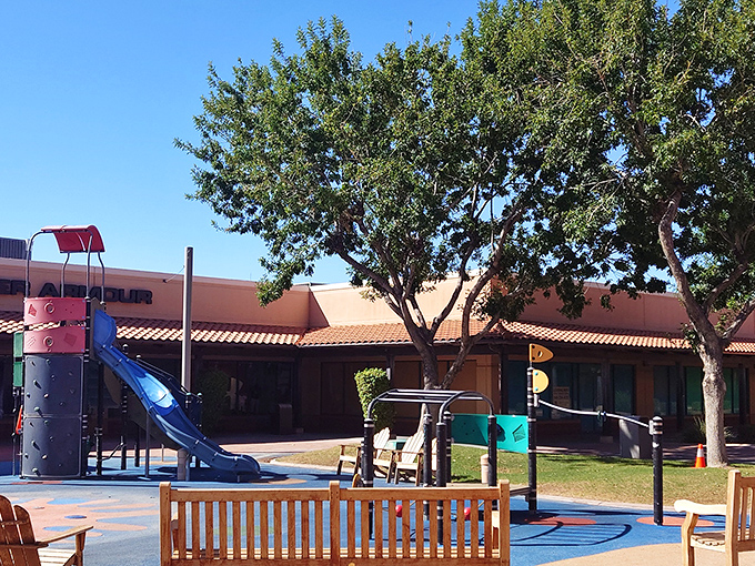 Sunshine, palm trees, and a playground where kids can burn energy while you hunt for bargains. Shopping paradise defined!