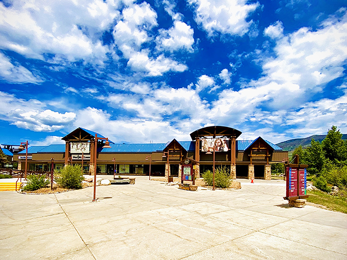 Mountain architecture meets retail therapy &ndash; the Outlets at Silverthorne's rustic timber facades make spending money feel almost virtuous against that Colorado blue sky.