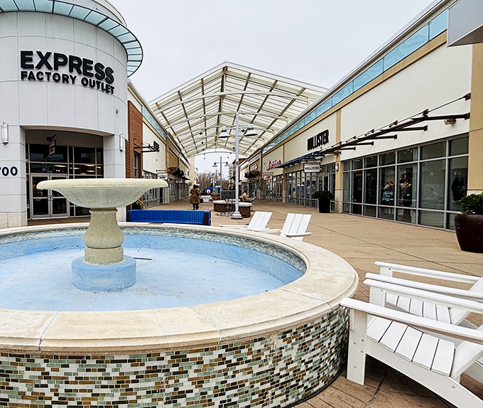 The covered walkways at Tanger Outlets offer retail therapy rain or shine, with a fountain that's more decorative than swimming-appropriate.