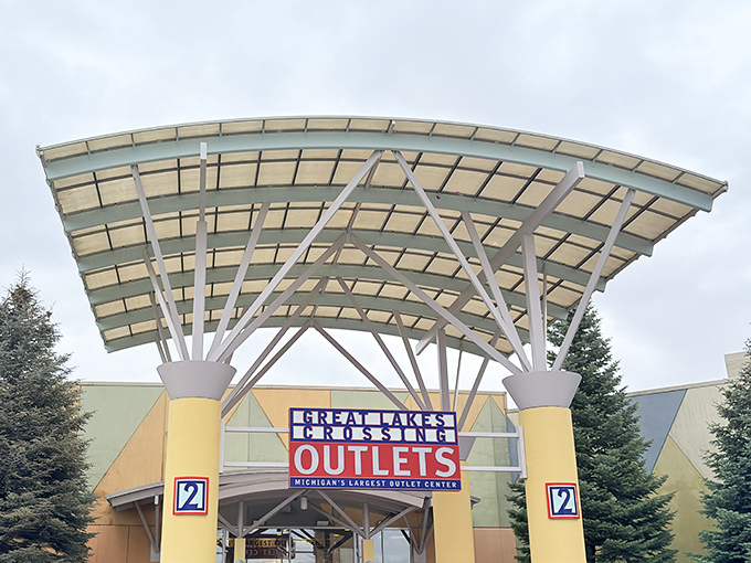Michigan's largest outlet mall announces itself with architectural flair &ndash; those soaring entrance columns aren't compensating for anything; the deals inside really are that substantial.
