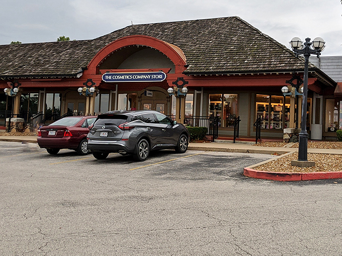 The rustic stone pillars and wooden beams of Lids at Osage Beach Outlet Marketplace welcome bargain hunters with Ozarks charm.