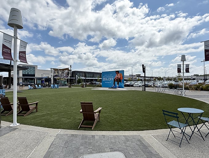 A grassy oasis amid shopping paradise &ndash; because even the most dedicated bargain hunters need a moment to contemplate their next strategic move.