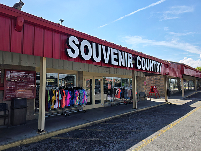 The iconic red-roofed Souvenir Country beckons like a siren song to bargain hunters, with colorful t-shirts spilling onto the sidewalk like a retail welcome mat.