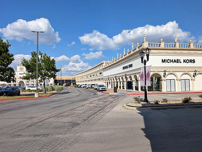 Mediterranean elegance meets Texas-sized savings at San Marcos Premium Outlets, where that blue sky promises nothing but good shopping karma ahead.