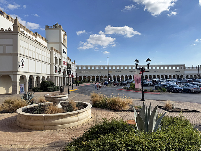 Mediterranean elegance meets Texas-sized savings at San Marcos Premium Outlets, where that blue sky promises nothing but good shopping karma ahead.