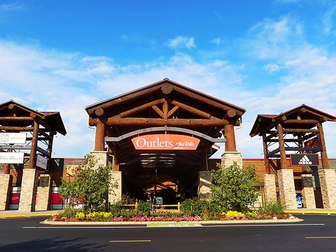 The grand entrance beckons like a rustic lodge promising treasures within. Wisconsin's Northwoods architecture meets retail therapy under those impressive timber beams.