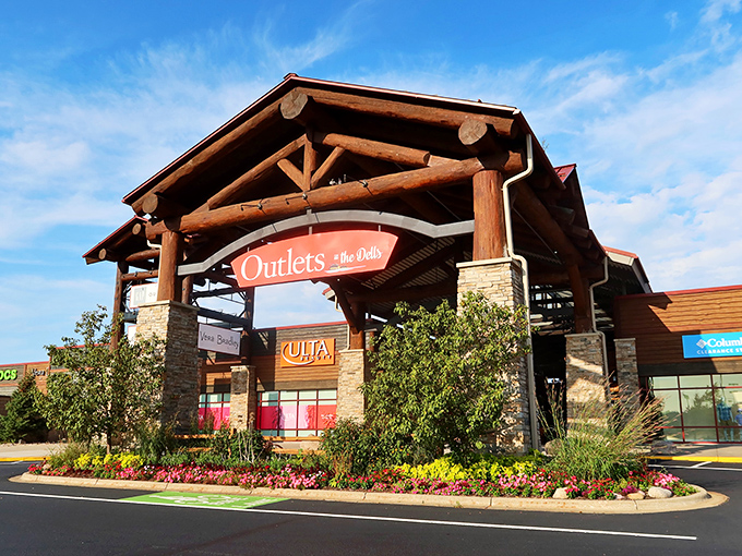 The grand entrance beckons like a rustic lodge promising treasures within. Wisconsin's Northwoods architecture meets retail therapy under those impressive timber beams.